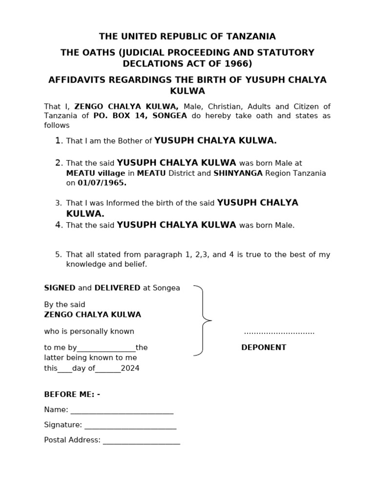 Affidavit of Birth - Zengo Chalya Kulwa | PDF