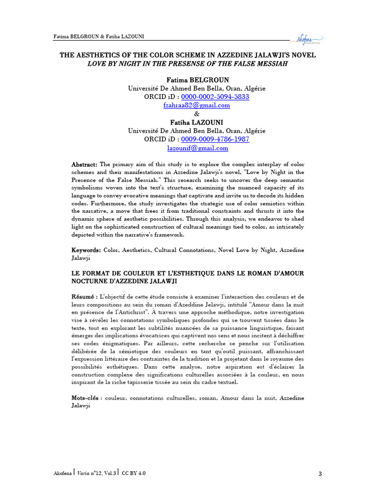 The Aesthetics of The Color Scheme in Azzedine Jalawji's Novel 'Love by Night in The Presense of ...