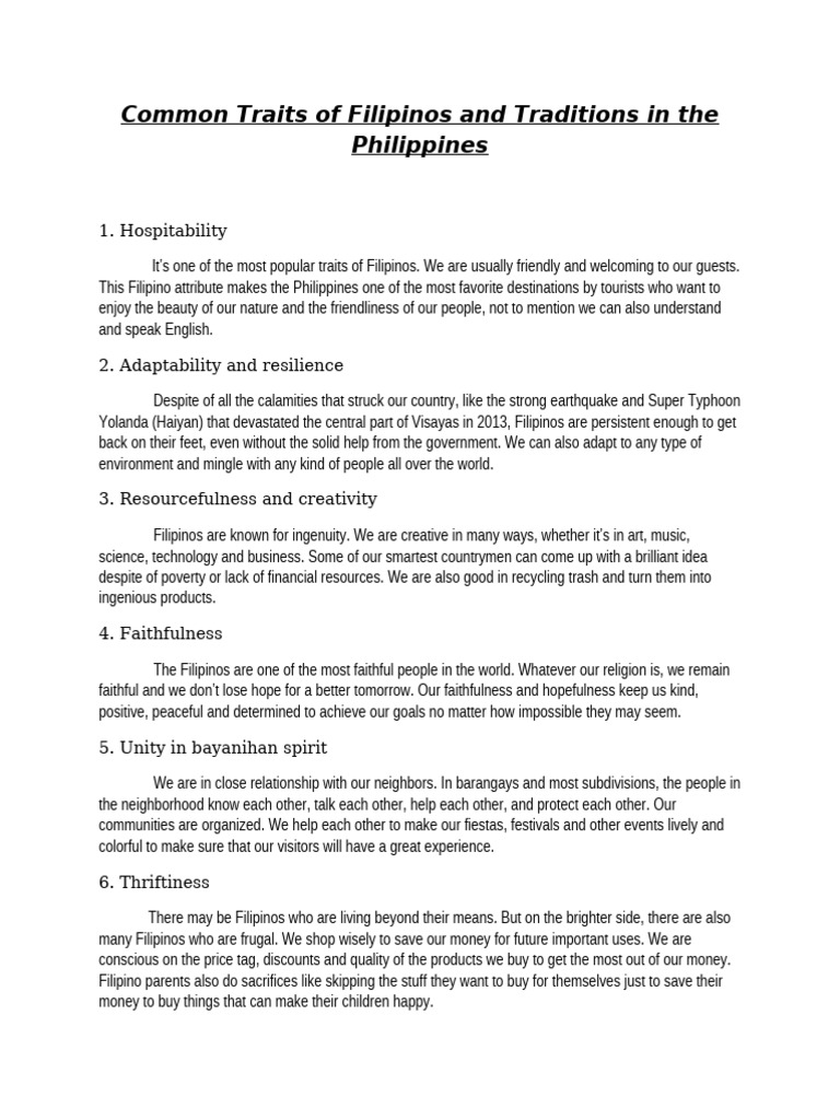 Common traits of Filipinos and traditions in the Philippines | PDF