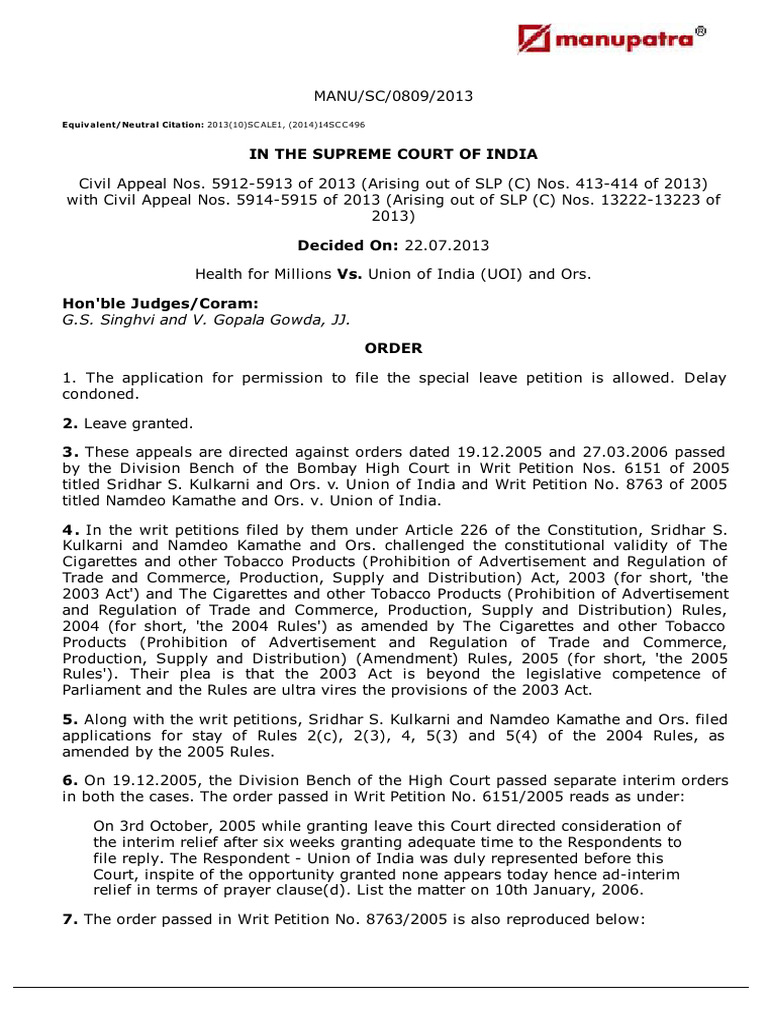 Health For Millions Vs Union of India UOI and Ors s130829COM941620 | PDF