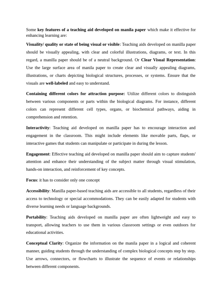 Some Key Features of A Teaching Aid Developed On Manila Paper Which ...