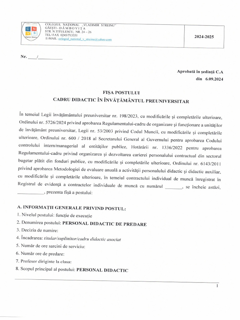Fisa Postului Cadre Didactice 2024 2025ssss | PDF