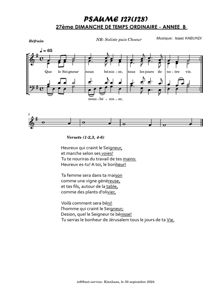 PSAUME 127 (128) 27eme DIMANCHE TOB - Isaac KAB | PDF