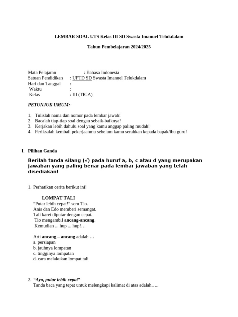 Soal UTS Kelas 3 SD | PDF