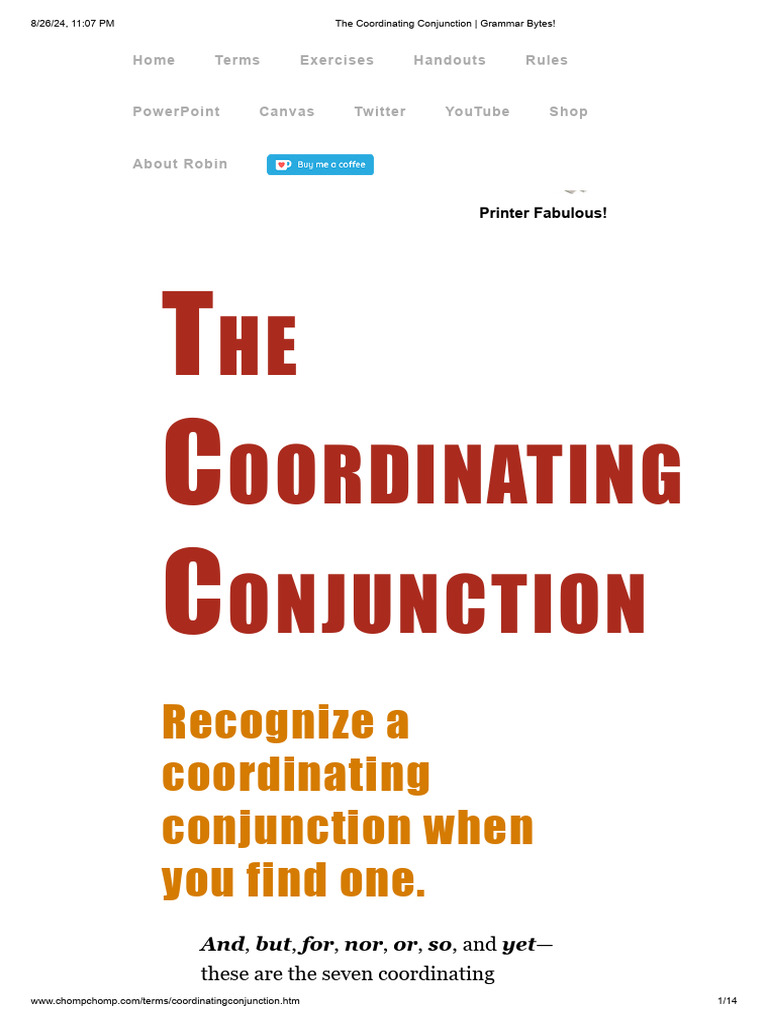 The Coordinating Conjunction - Grammar Bytes! | PDF