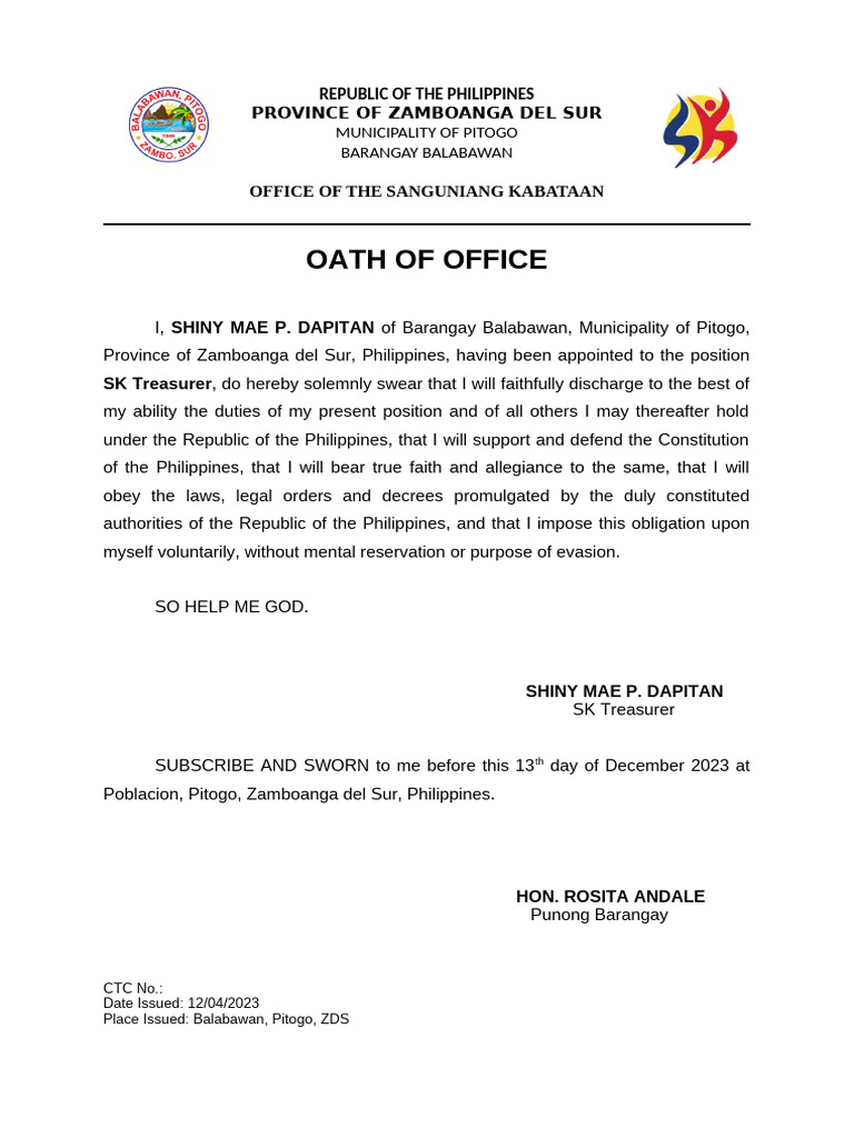 Oath-Of-Office Balabawan | PDF