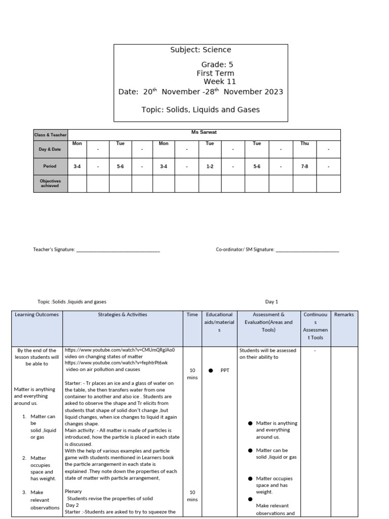 Lesson Plan - Solid Liquid Gas Week 11 | PDF