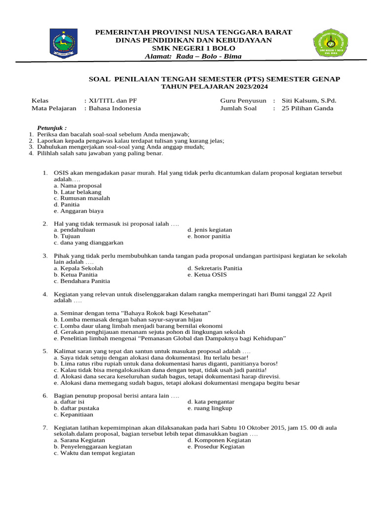 SOAL PTS B Indo Genap 2023-2024 | PDF