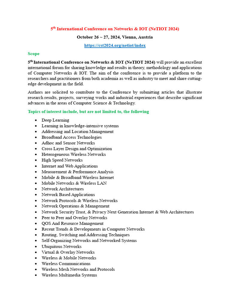 5th International Conference On Networks & IOT (NeTIOT 2024) | PDF | Computer Network ...