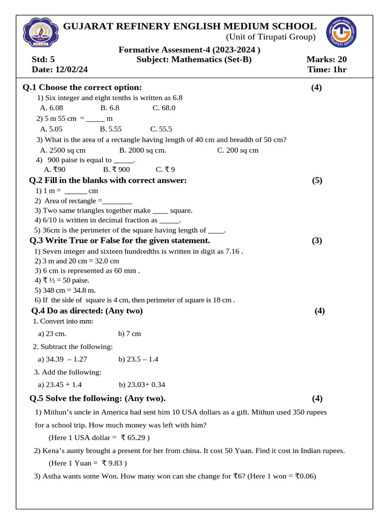 5 Math FA4 Final | PDF