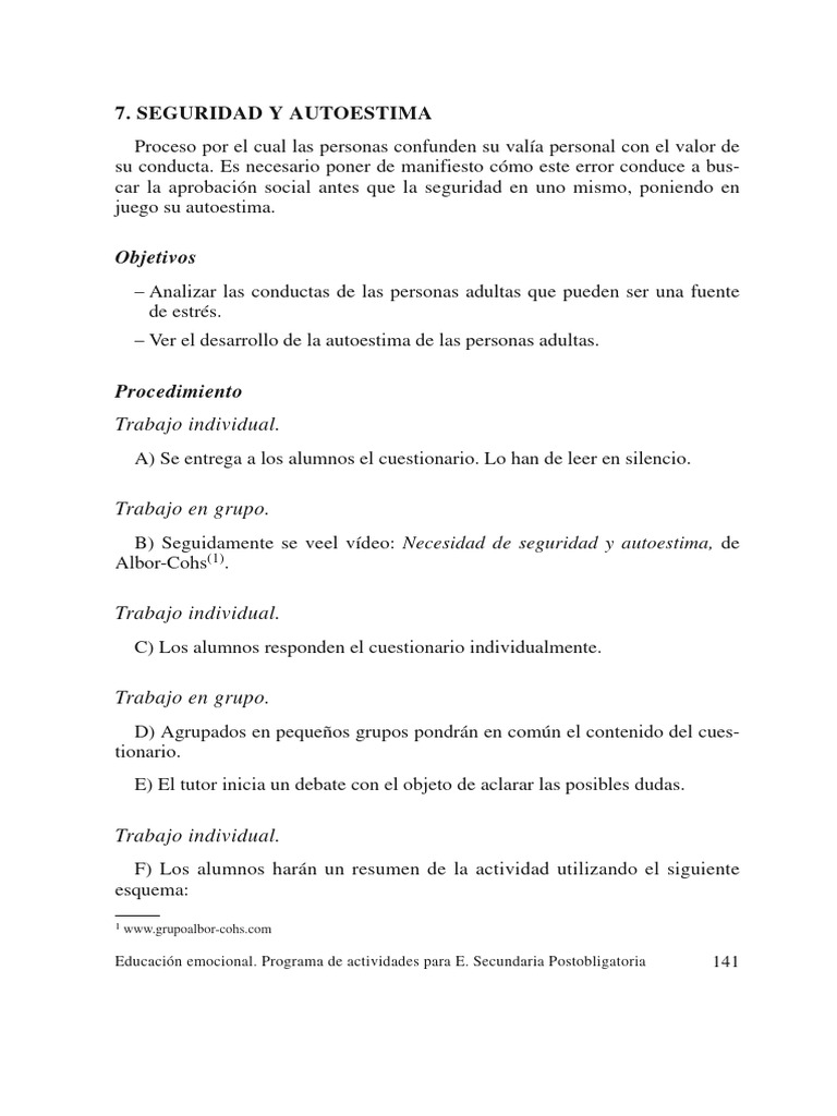 Educación Emocional Programa de Actividades para E... - (7. SEGURIDAD Y AUTOESTIMA) | PDF