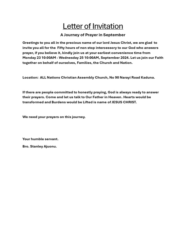 Letter of Invitation: A Journey of Prayer in September | PDF