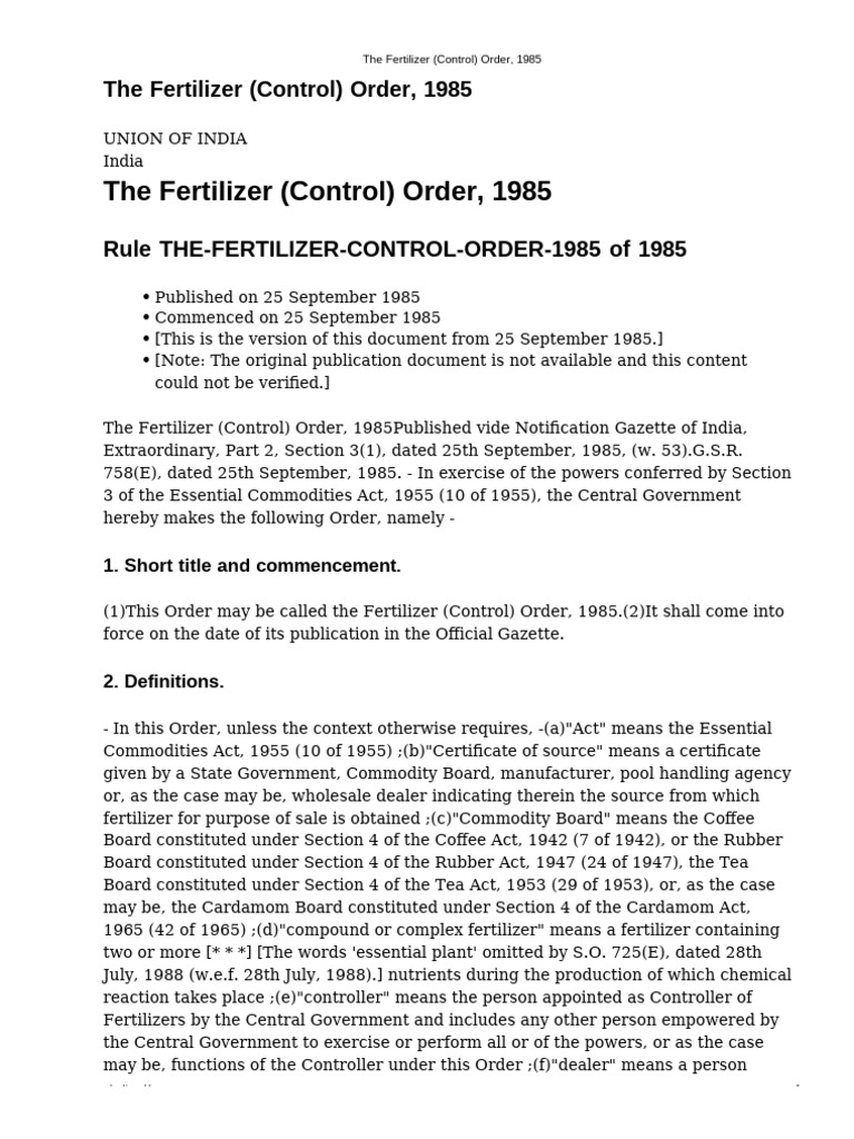 The Fertilizer Control Order 1985 | PDF