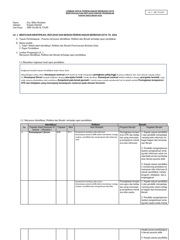 Lk. 1 Irb PBD SMP Islam Al Fajri Rawalumbu | PDF