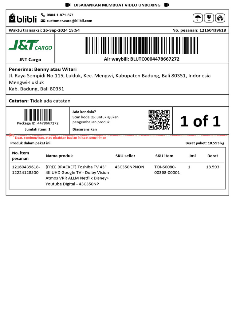 JNT Cargo Air Waybill: BLIJTC0004478667272: Penerima: Benny Atau Witari | PDF