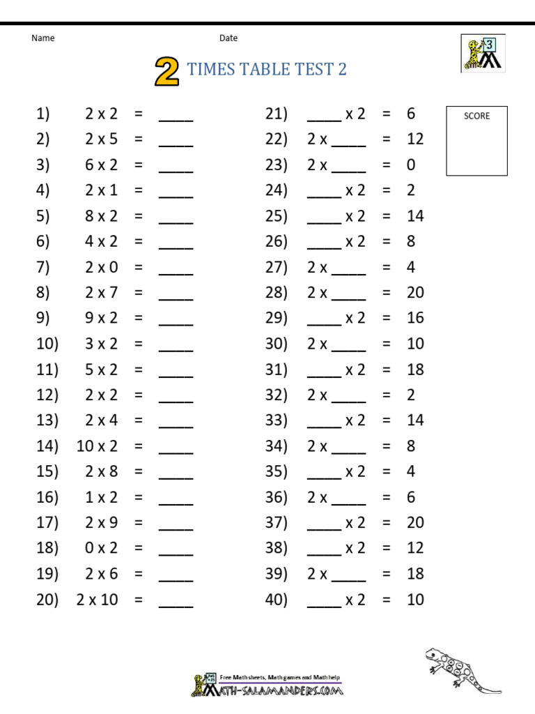 2 Times Table Test 2 | PDF
