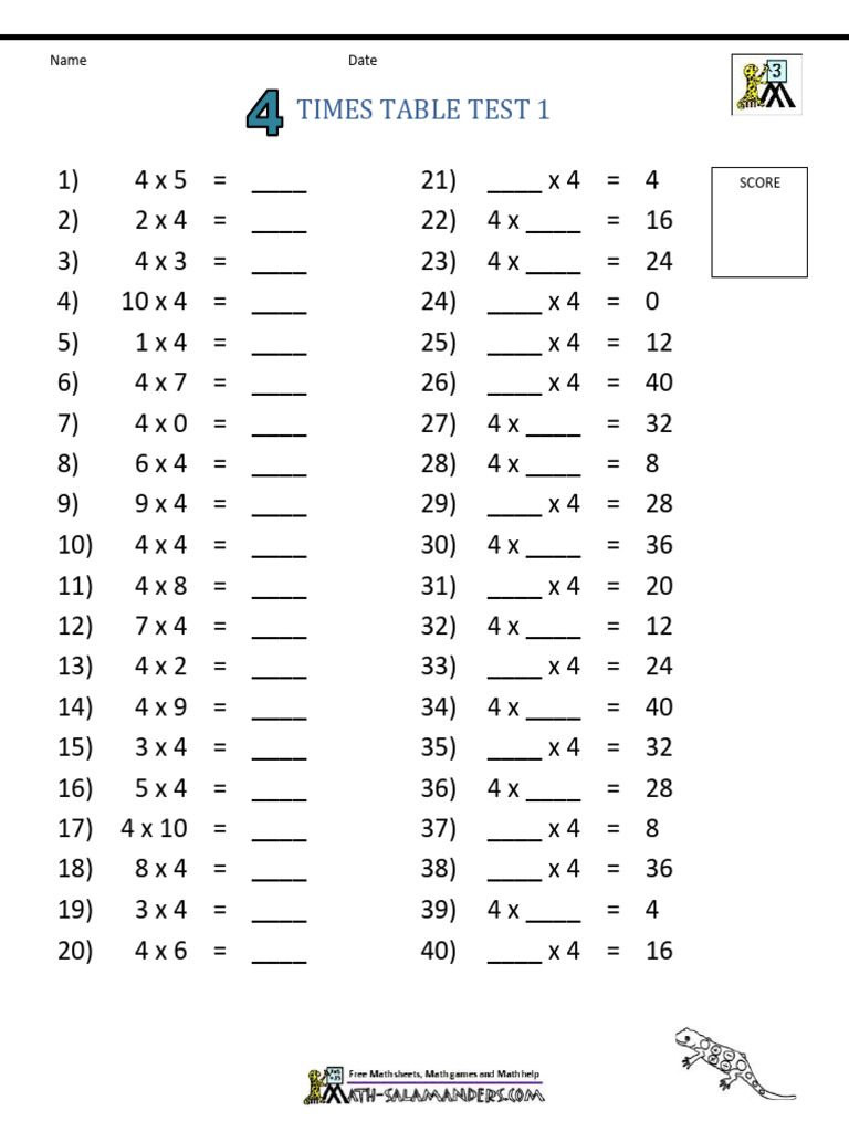4 Times Table Test 1 | PDF