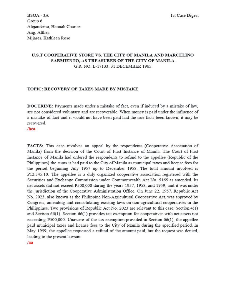 Recovery of Taxes Made by Mistake Group 6 Bsoa 3a | PDF
