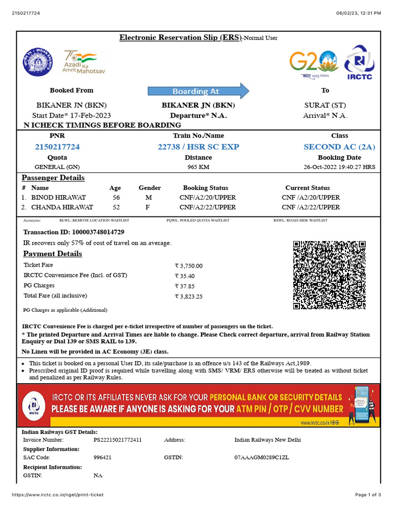 HSR SC EXP Second Ac (2A) : Electronic Reservation Slip (ERS) | PDF
