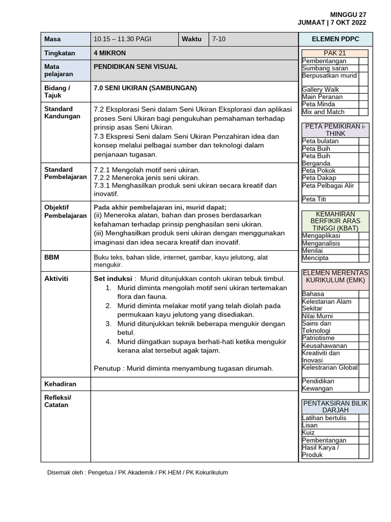 RPH Pendidikan Seni Tingkatan 4 | PDF | Seni
