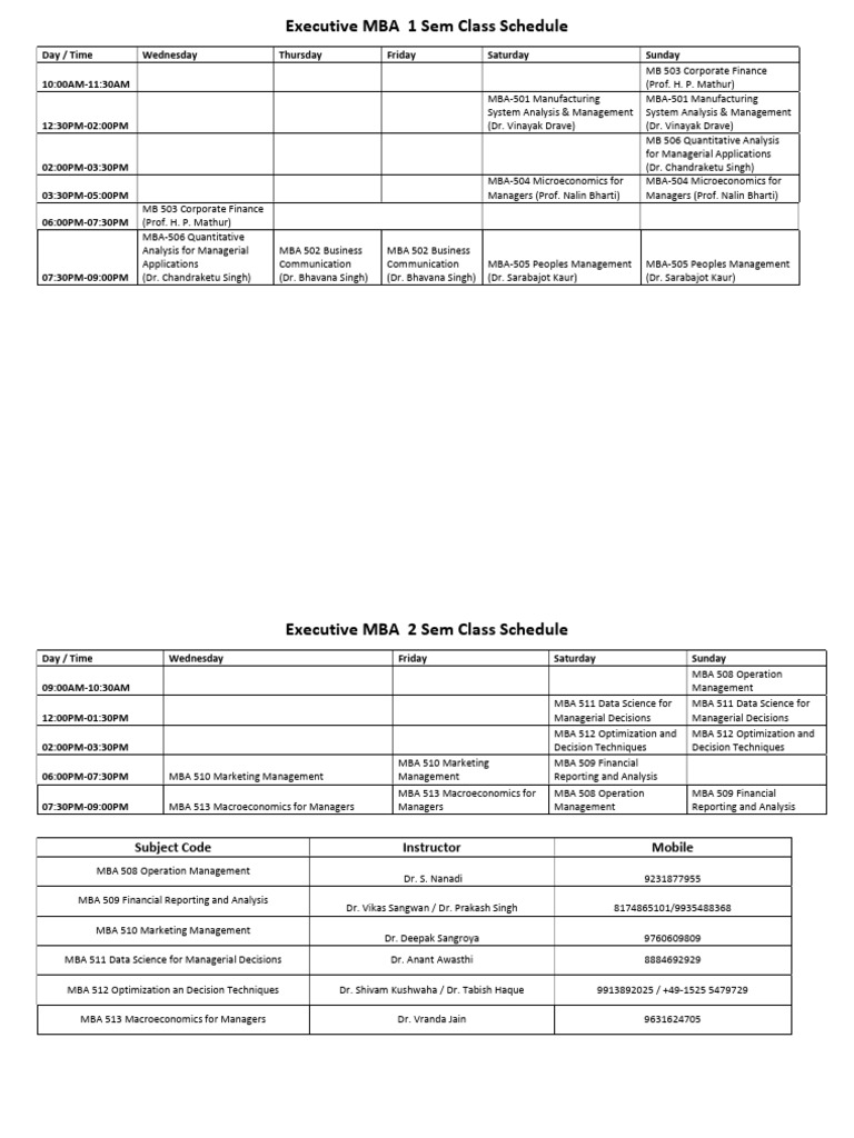Mba 1 Sem Time Table | PDF