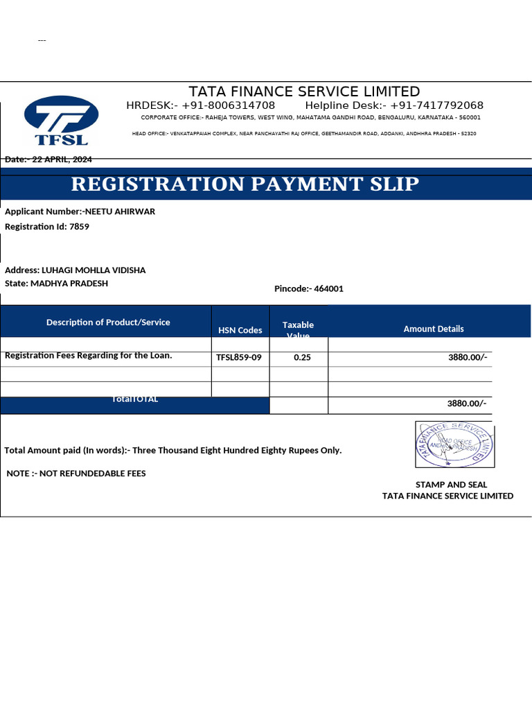 Rishi Rajpoot Tata Finance Service Limited Registration Payment Slip | PDF