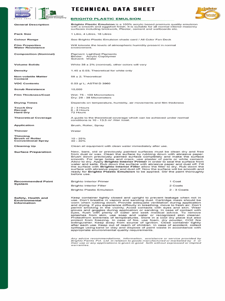 Brighto Plastic Emulsion TDS | PDF
