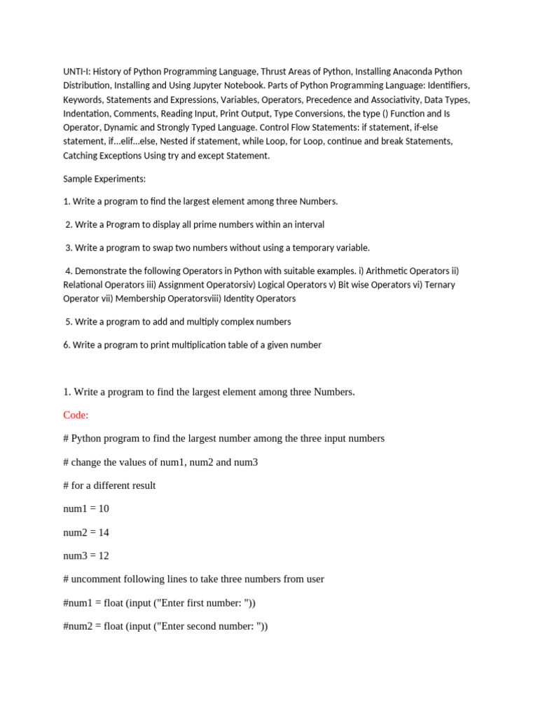 UNIT-1 Pyhton Programs | PDF UNIT-1 Pyhton Programs | PDF