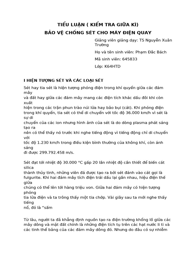 Tiểu Luận (Kiểm Tra Giữa Kì) Bảo Vệ Chống Sét Cho Máy Điện Quay | PDF