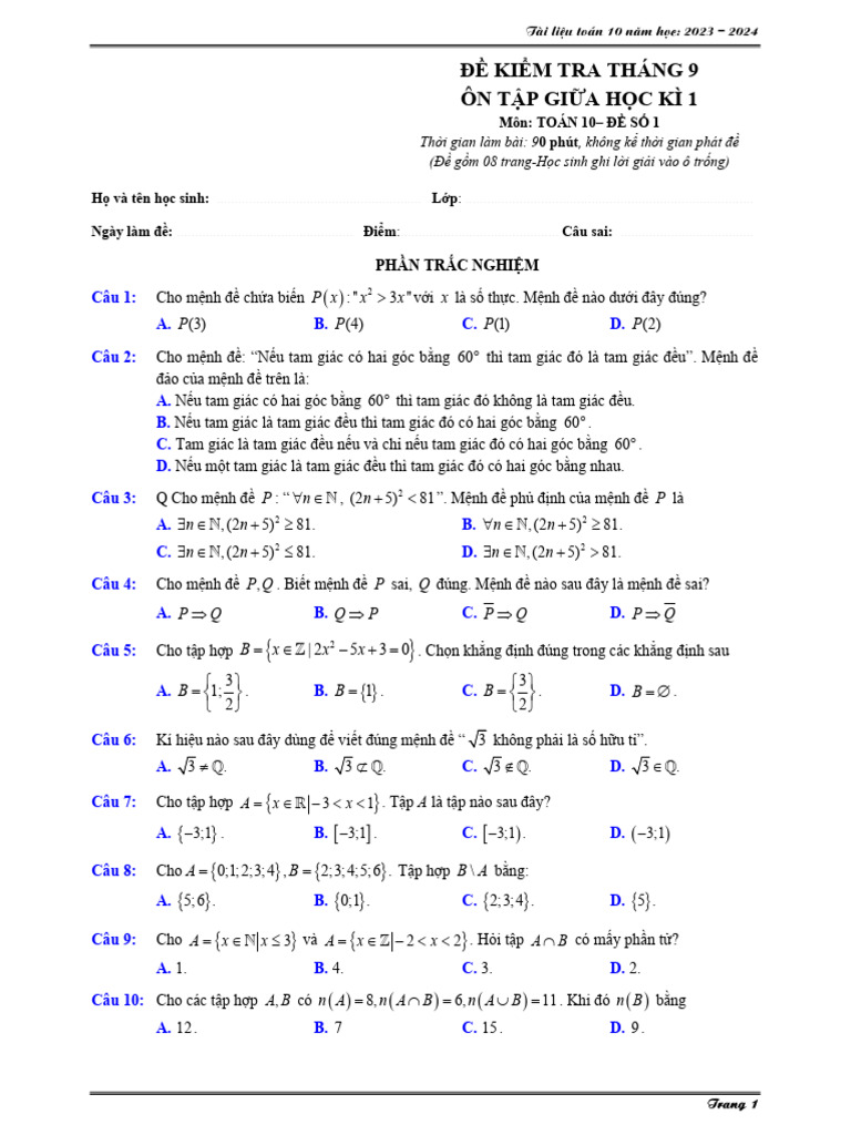 04 de On Tap Kiem Tra Giua Hoc Ki 1 Mon Toan 10 Nam Hoc 2023 2024 | PDF
