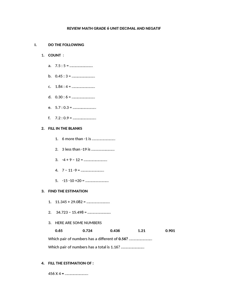 Review Math Grade 6 Unit Decimal and Negatif | PDF