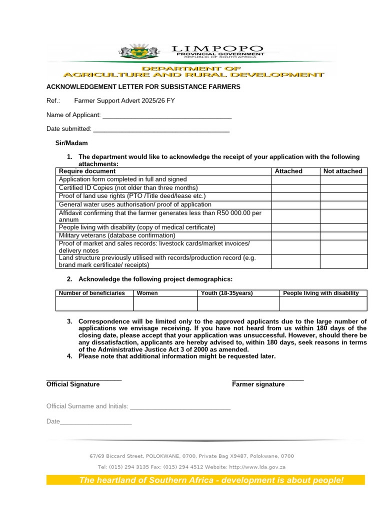 Farmer Support Application Acknowledgement Letter For Subsistance ...