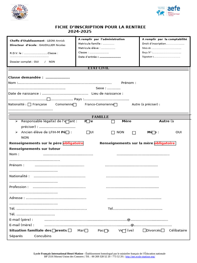 Fiche D'inscription 2024 2025 | PDF