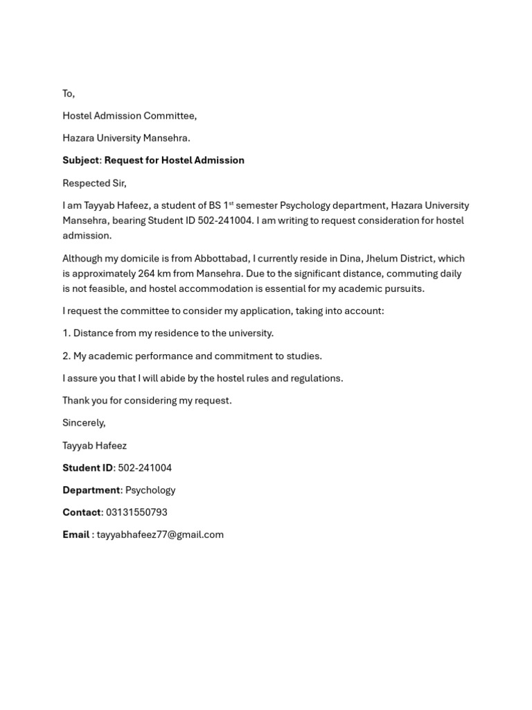 Application For Hostel | PDF