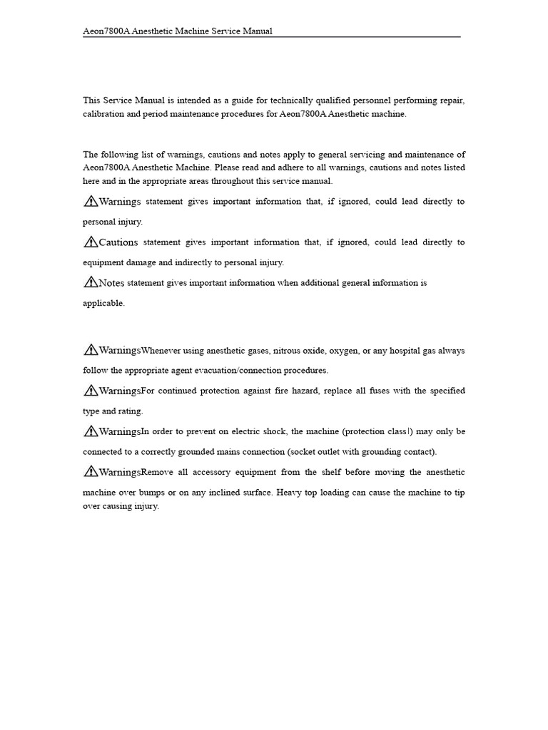 Aeonmed Aeon 7500, 7800 Anaesthesia Machine - Service Manual | PDF ...