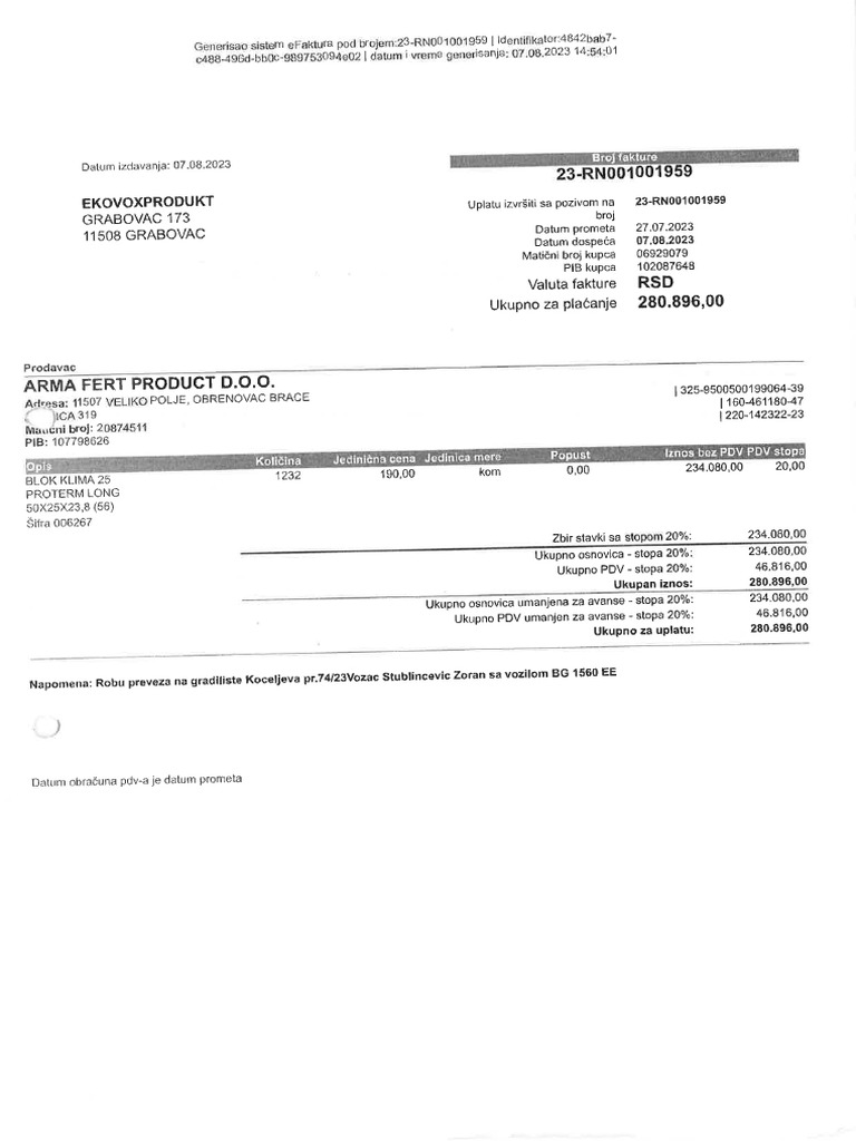 Račun Od Arma Fert Za Klima Blok | PDF