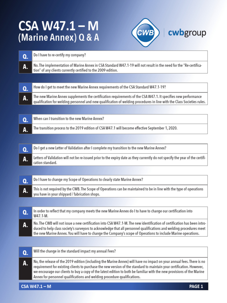 CWB Certification Csa w47-1 Q and A | PDF