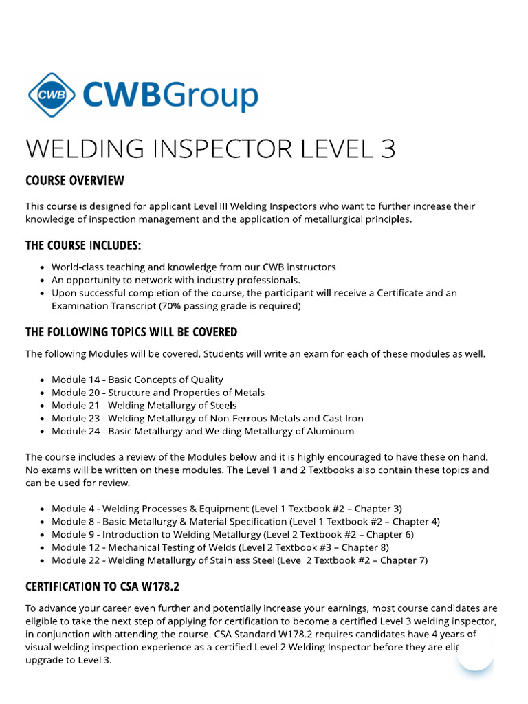 CWB Welding Inspector Level 3 | PDF