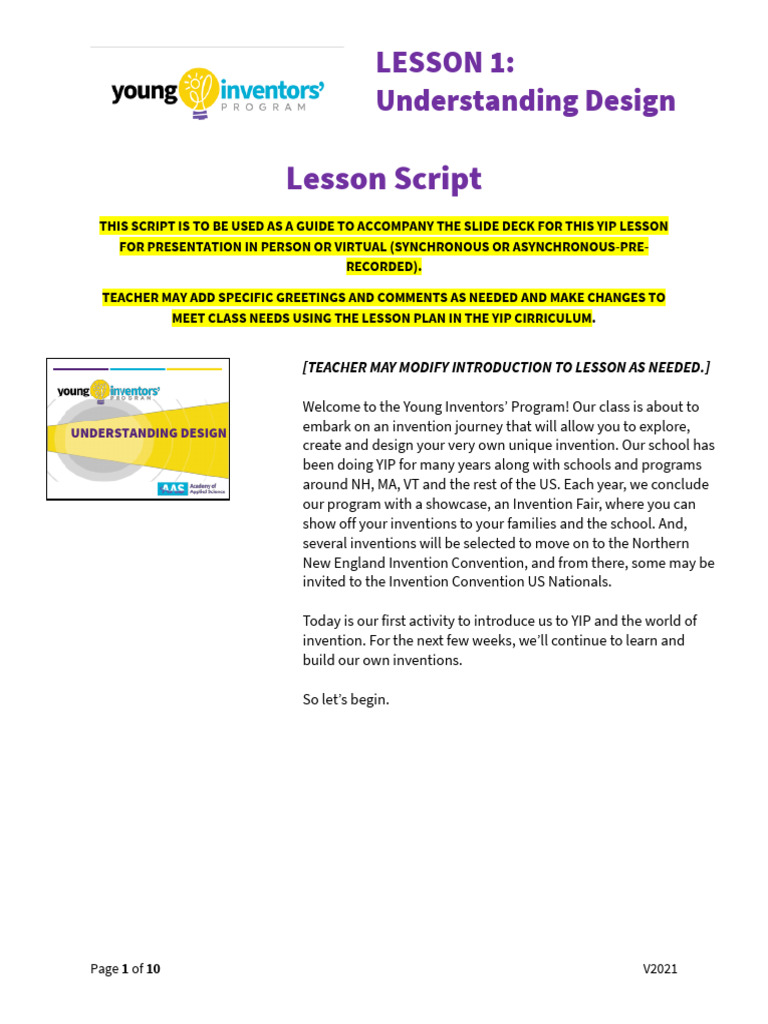 Yip Lesson 1 - Slide Script v2021 - Final | PDF | Invention | Prototype
