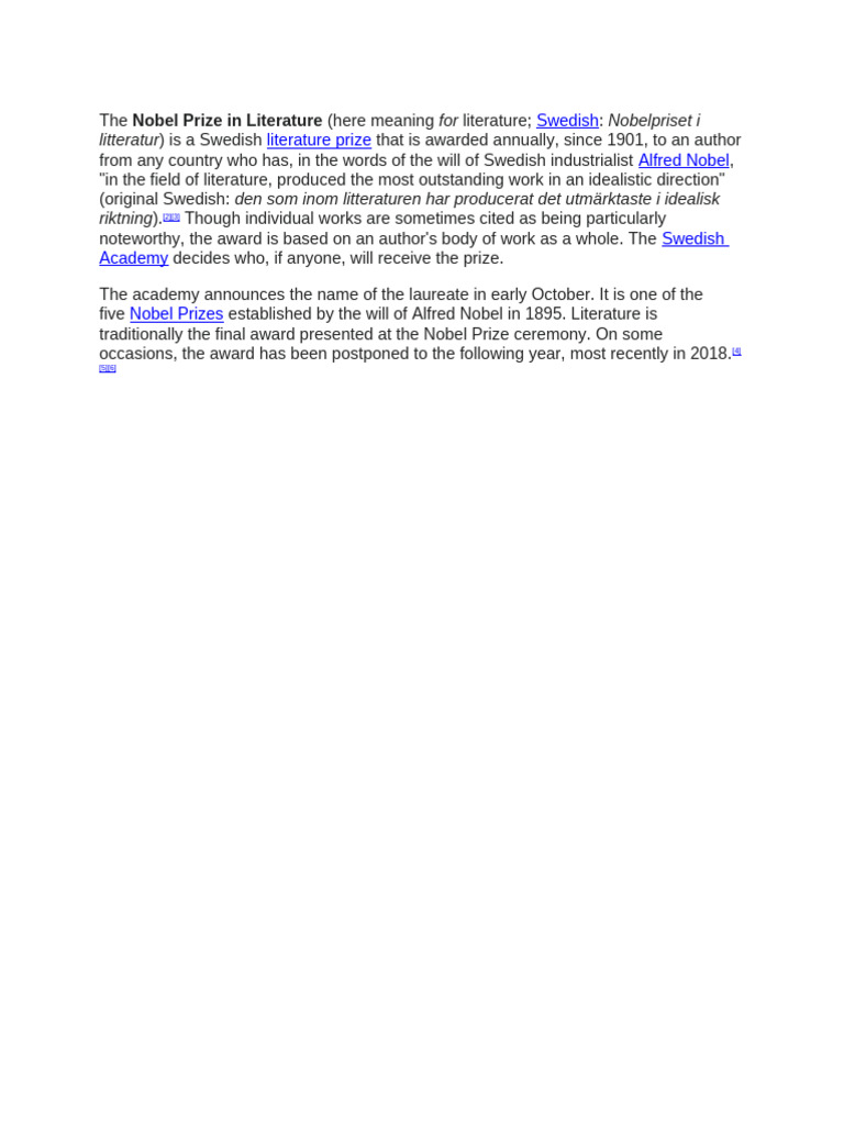 Nobel Peace Prize in Literature | PDF | General Fiction