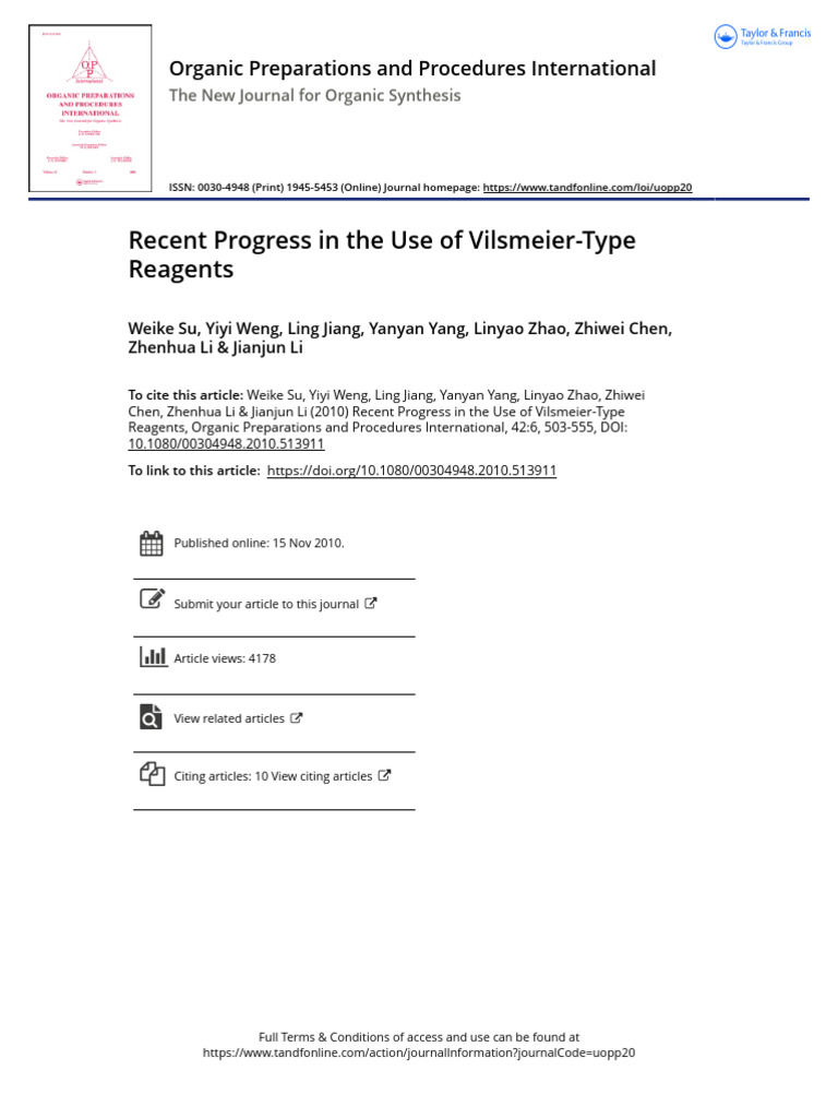 Recent Progress in The Use of Vilsmeier-Type Reagents | PDF