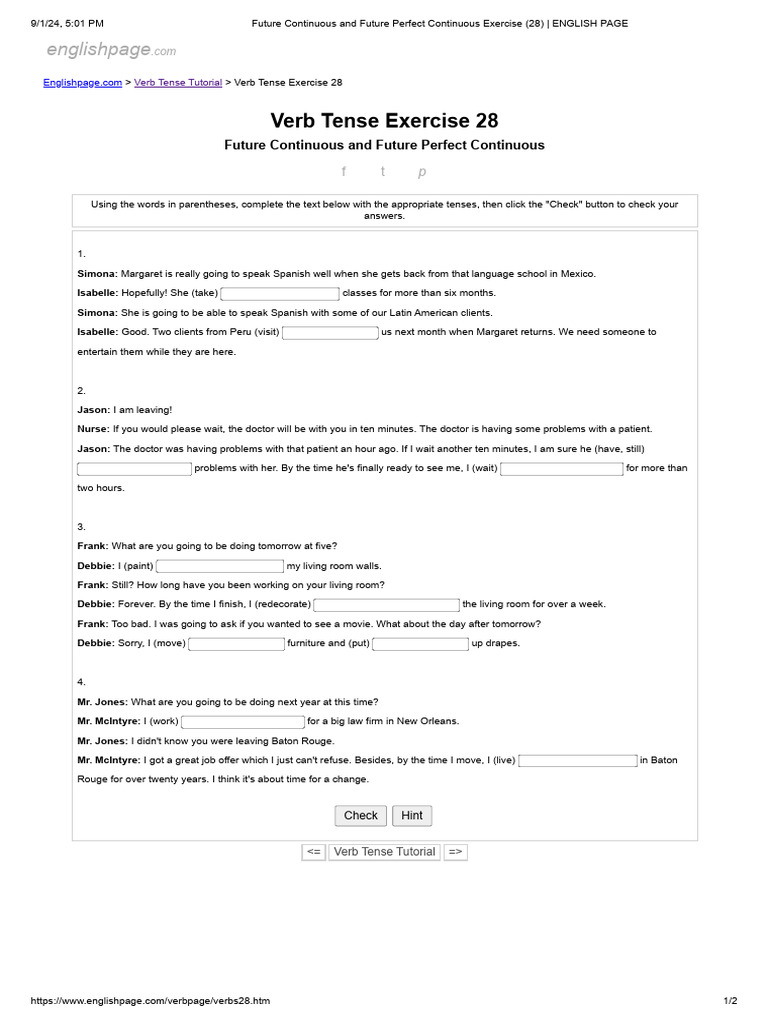 Future Continuous and Future Perfect Continuous Exercise (28) _ ENGLISH PAGE | PDF