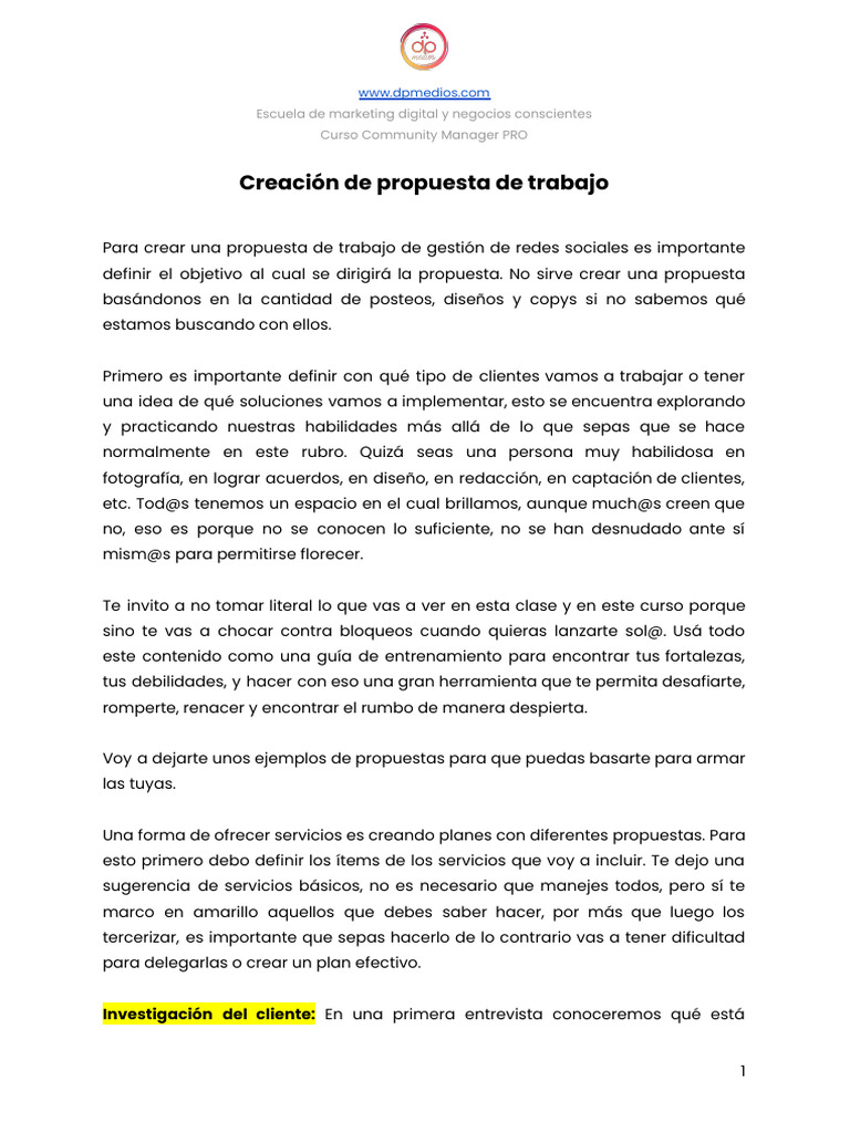 Propuesta de Trabajo para Community Manager | PDF | Marketing ...