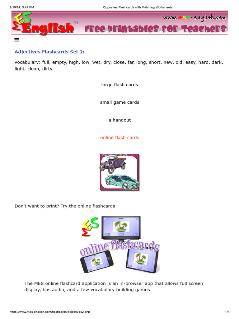 Opposites Flashcards With Matching Worksheets | PDF