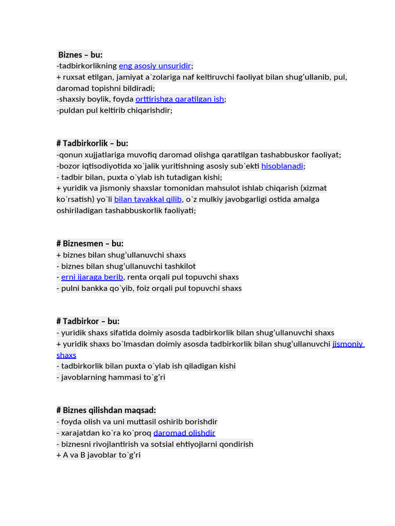 Biznes Asoslari Oraliq Savollari. | PDF