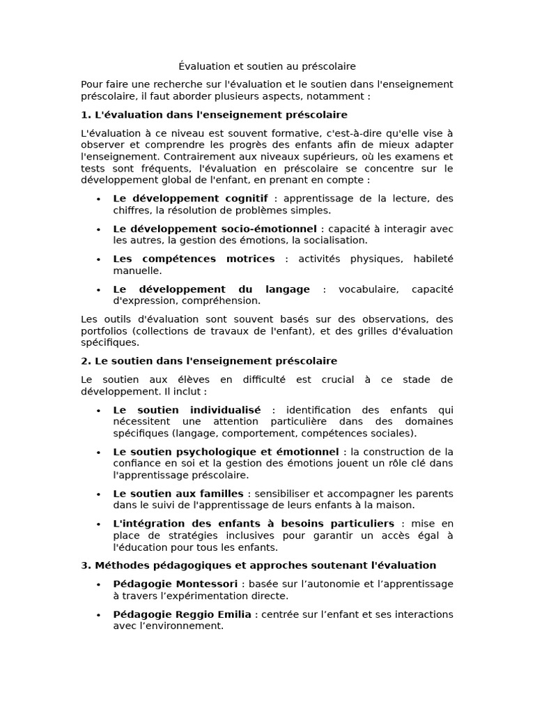 Évaluation Et Soutien Au Préscolaire | PDF
