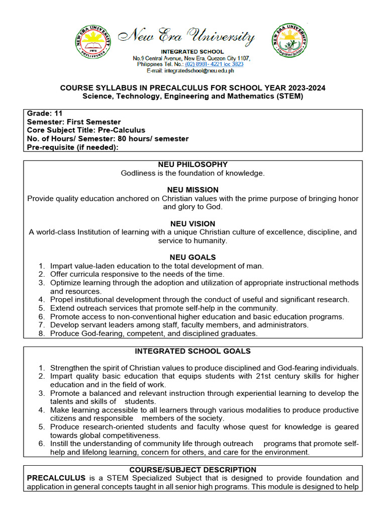 Course Syllabus in Precalculus For School Year 2023 | PDF