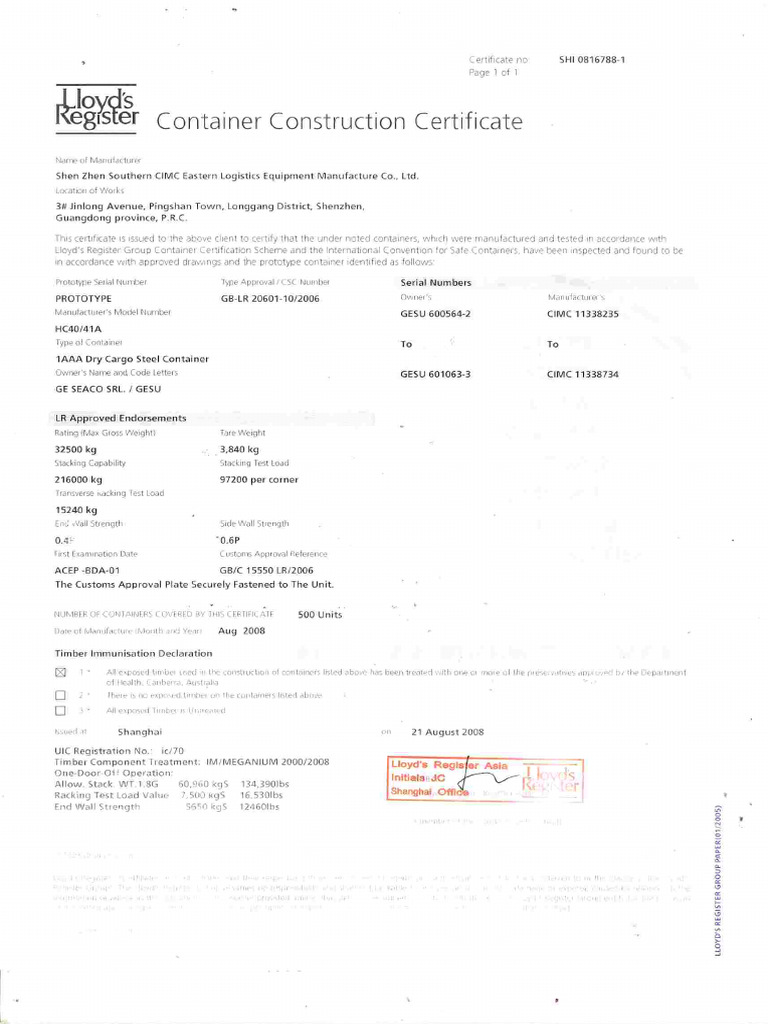 Containers Owners Production Certificate GESU 600564 To GESU 601063 | PDF