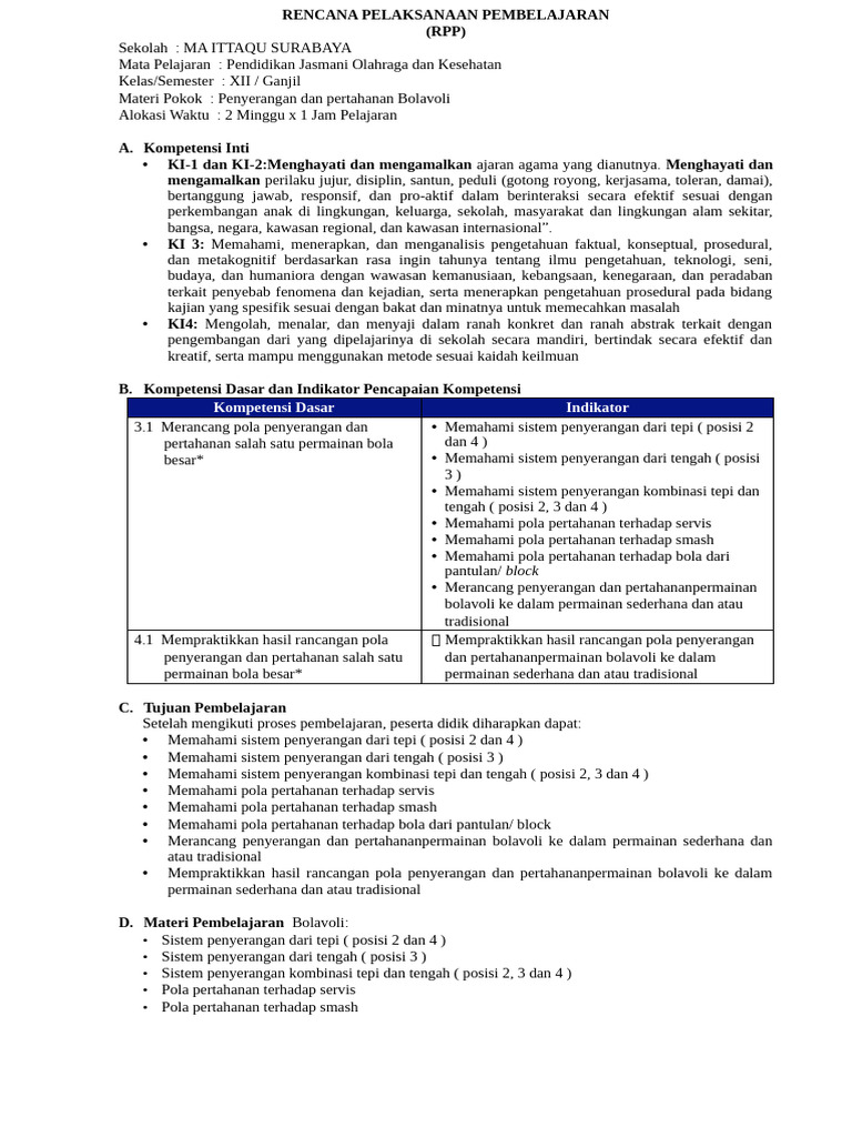 RPP Pertahanan Bola Voli | PDF