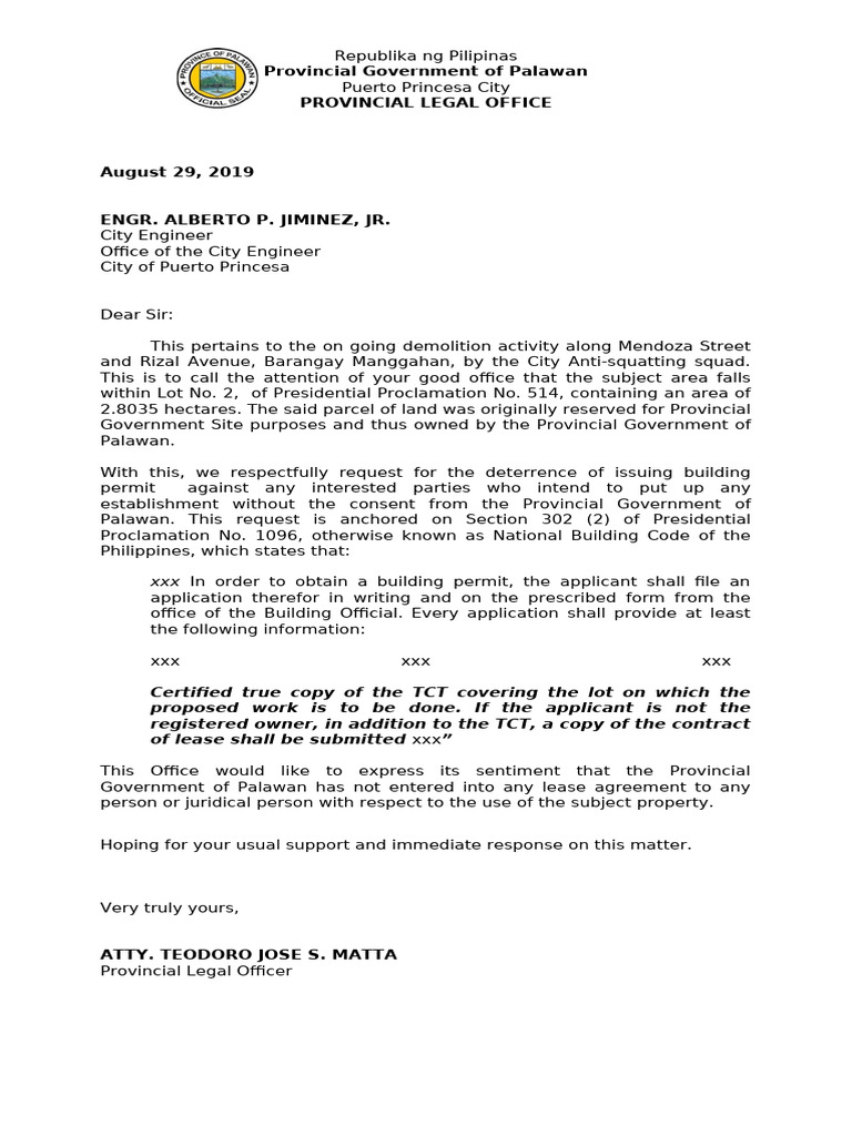 Letter To City Engr Re Demolition | PDF | Social Science | Law